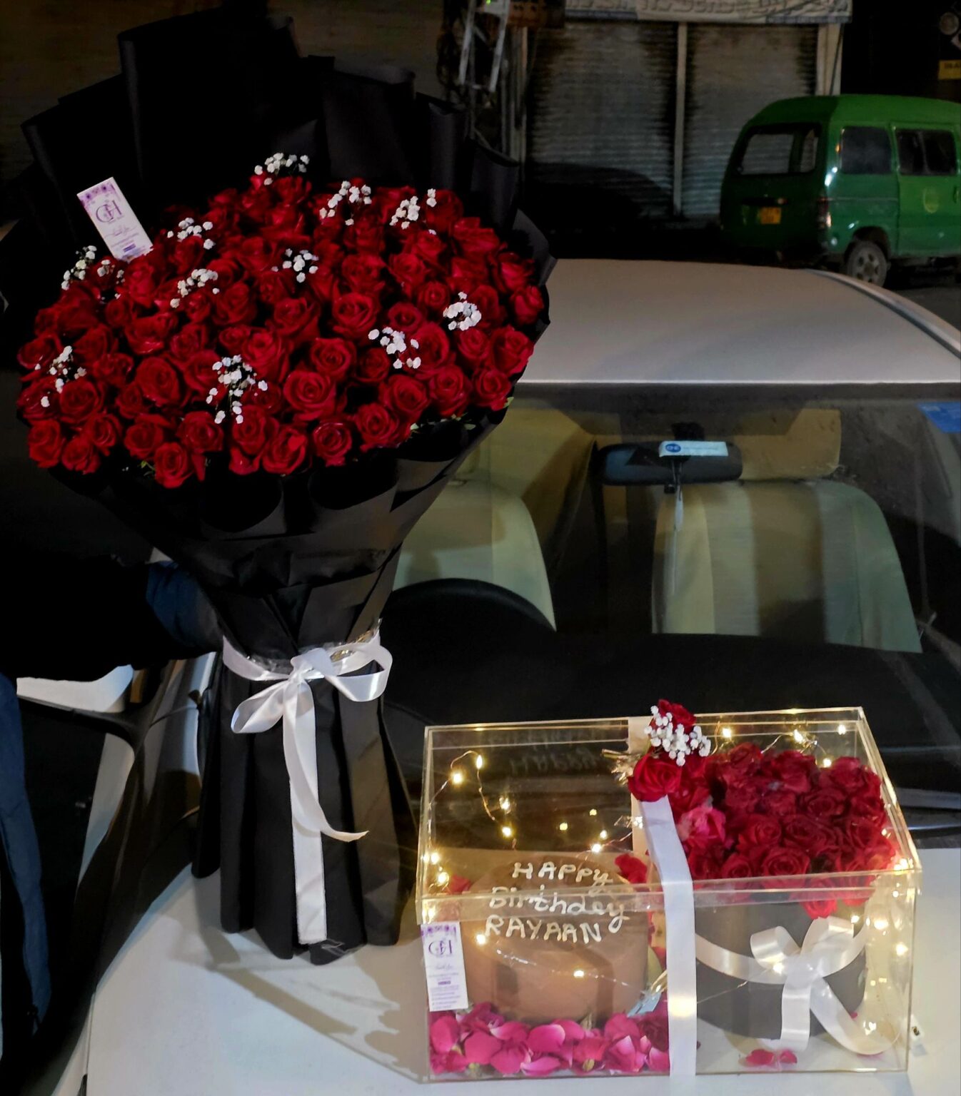 Birthday Gift Combo – Red Roses Bouquet + Acrylic Cake Box| Flowers ...